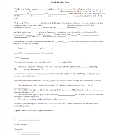 Format, Documents, And Stamp Duty For Partition Deeds